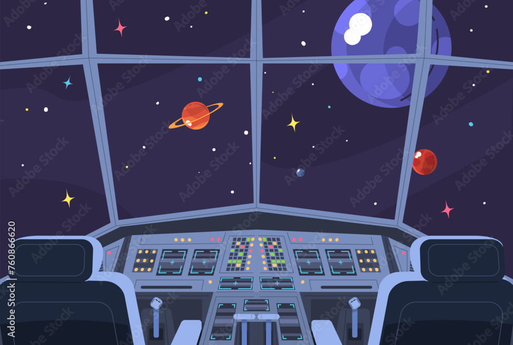 Spaceship cockpit. Interstellar spacecraft cabin inside, futuristic ...