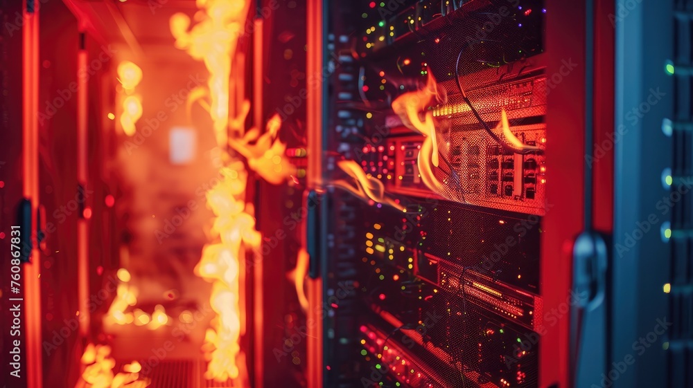 Server racks on fire indicating digital loss - Intense image of server ...