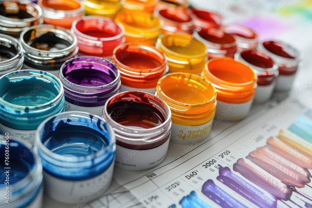 Colorful paint cans with color swatches - An array of vibrant paint ...