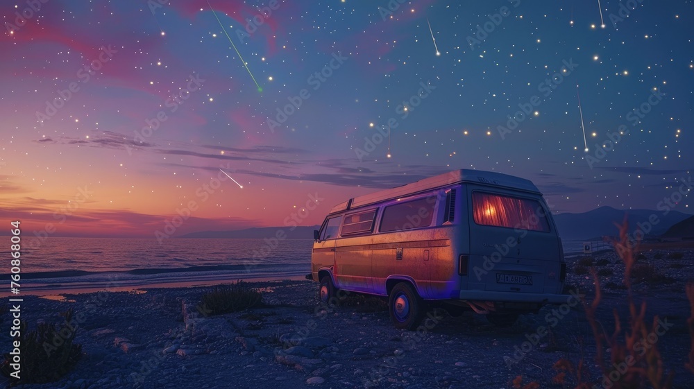 Vintage van under a starlit sky at dusk - The image captures a retro ...