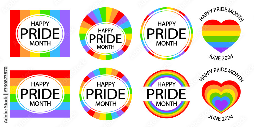 Happy pride month. Set of rainbow icons. Love is love, rainbow flag ...