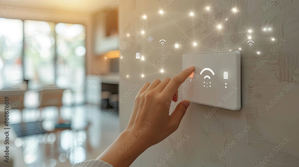Hand pressing the button on the wall with internet of things (IOT ...