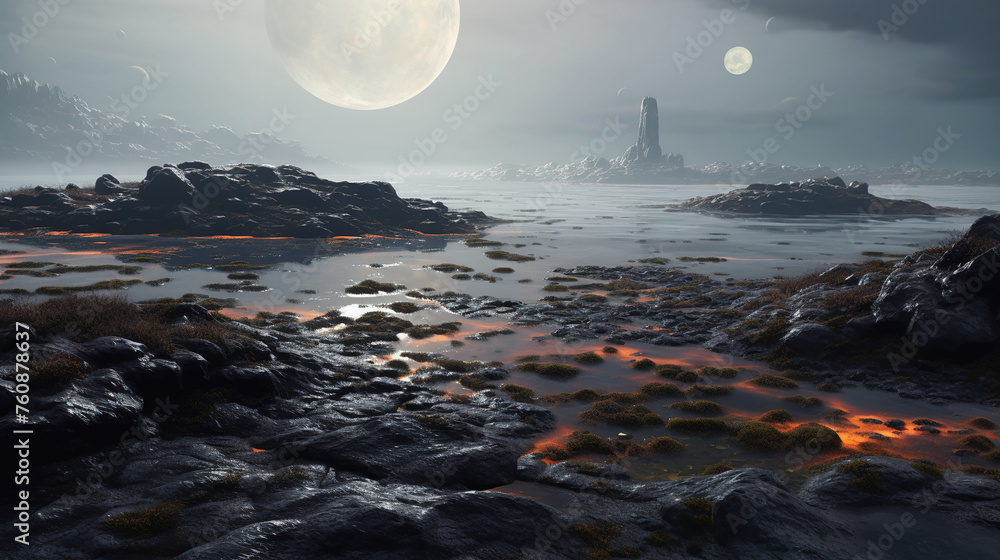 Primordial alien world with dark rocky terrain, shallow water, moons in ...