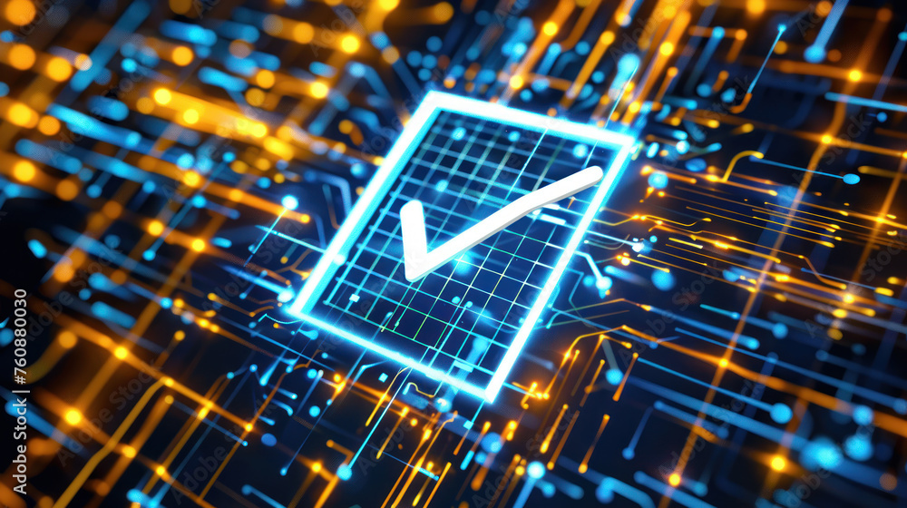 Tech savvy validation. Check mark icon on abstract technology ...