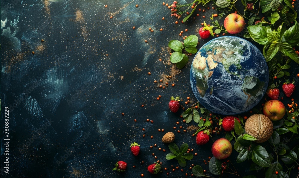 Planet Earth on dark textured blank background surrounded by healthy ...