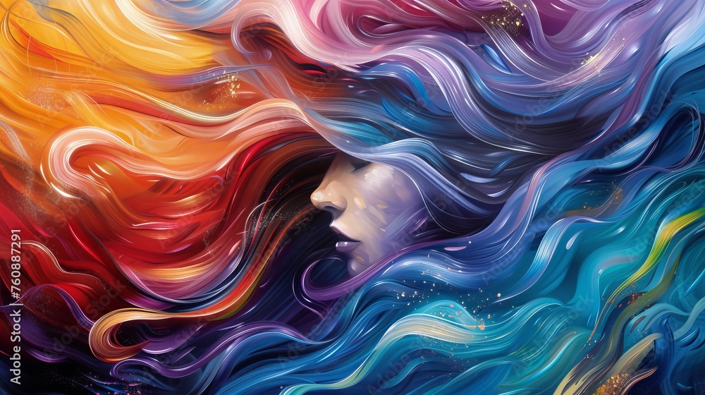 A vibrant digital painting of a female figure with flowing hair in multiple colors, representing ...