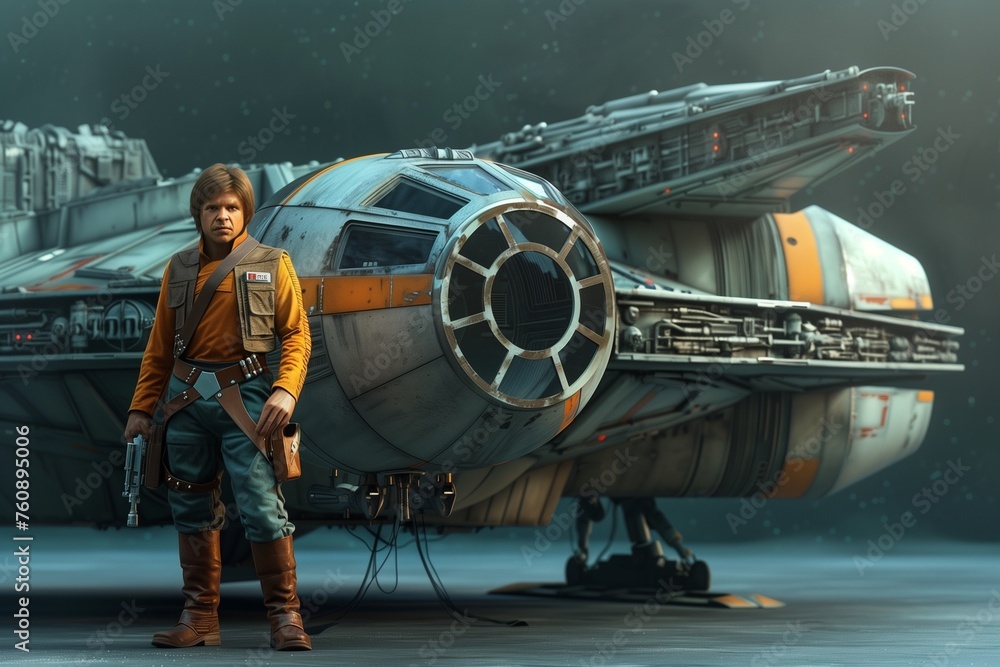 A mysterious space smuggler standing beside his iconic starship ...