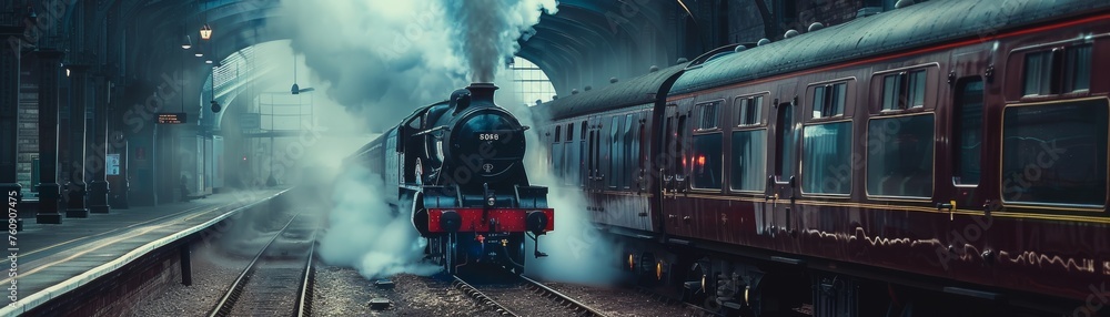 Vintage steam train pulling into a station with steam enveloping the ...