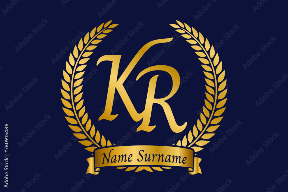 Initial letter K and R, KR monogram logo design with laurel wreath ...