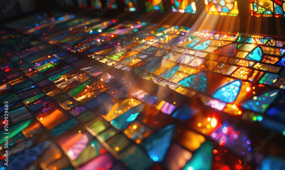 Colored rays falling through stained glass windows. Geodesic stained ...