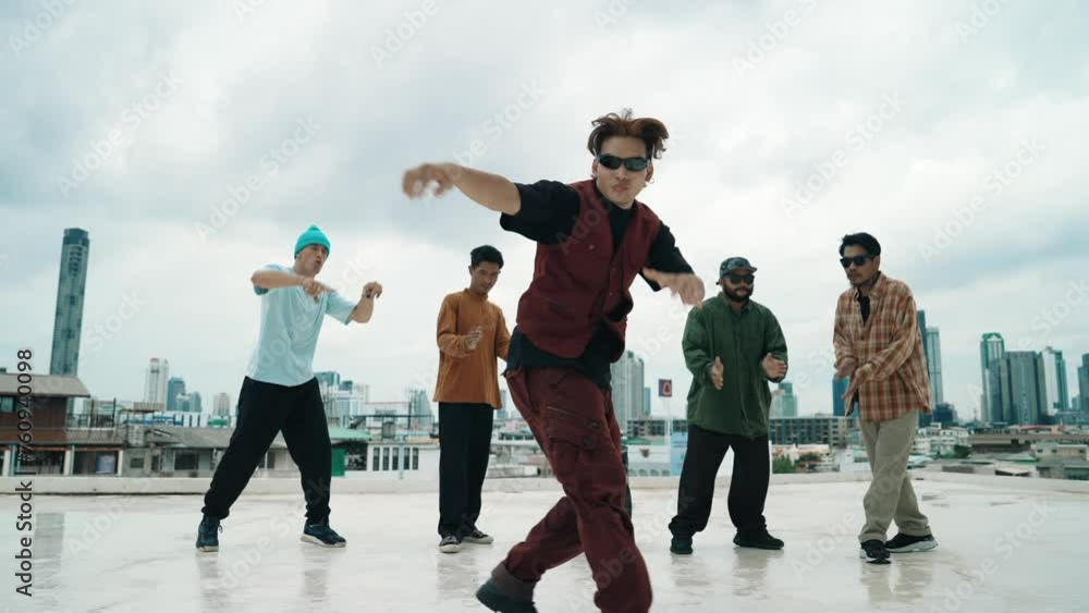 Professional break dance team practice B-boy dance while multicultural ...