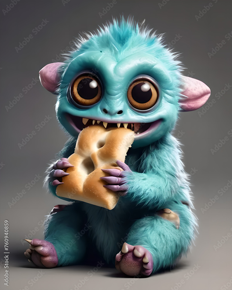 Cute little 3d happy monster eating bread, for ilustrations design, for ...