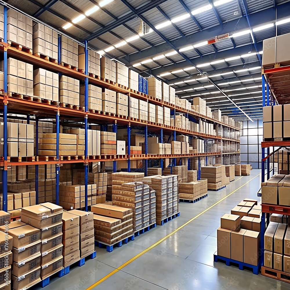well-organized warehouse with neatly stacked boxes and labeled shelves ...