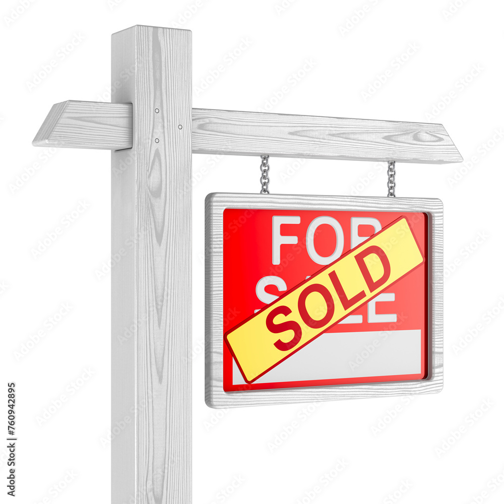 Sold sticker on real estate sign For Sale, 3D rendering isolated on ...