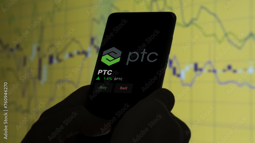 March 12th 2024 Boston, Massachusetts. The logo of PTC on the screen of ...