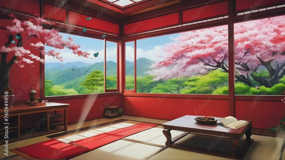 Traditional Japanese house tea room with open windows displays the ...