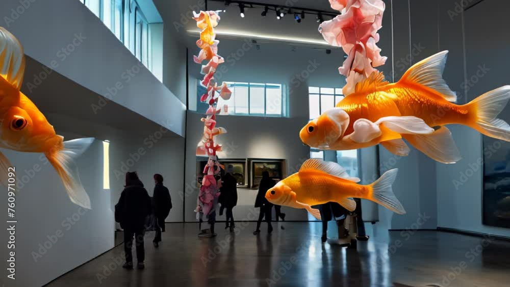 An art installation featuring colossal goldfish sculptures floating in ...