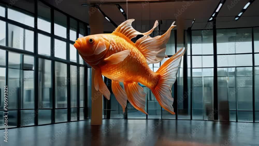 An art installation featuring colossal goldfish sculptures floating in ...