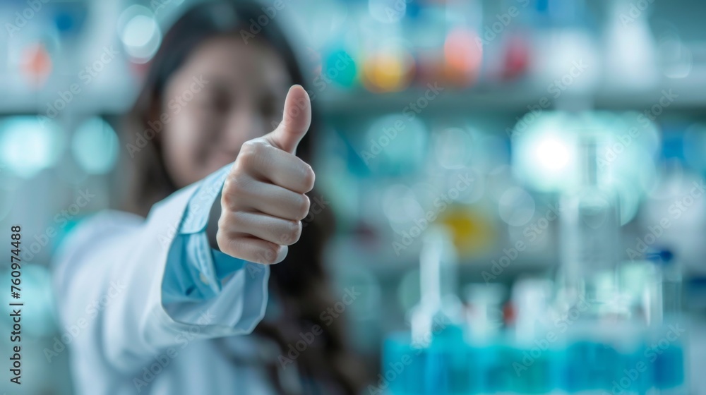 Thumbs up sign. Woman's hand shows like gesture. Science laboratory ...