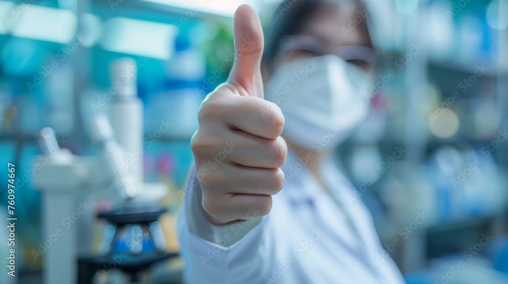 Thumbs up sign. Woman's hand shows like gesture. Science laboratory ...