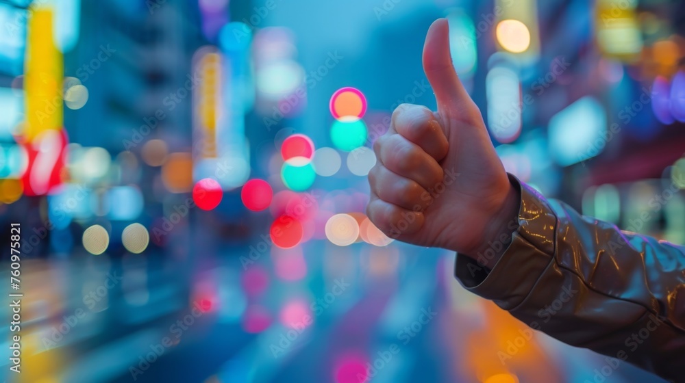 Thumbs up sign. Woman's hand shows like gesture. Urban street ...