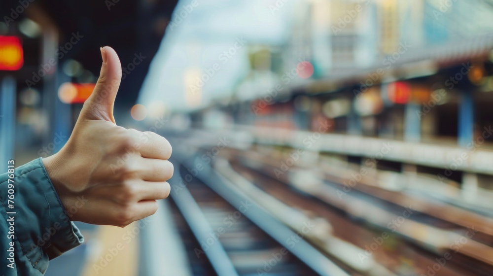 Thumbs up sign. Woman's hand shows like gesture. Train station ...