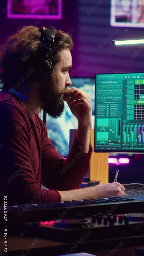 Vertical Video Musician artist taking notes composing new song in his ...