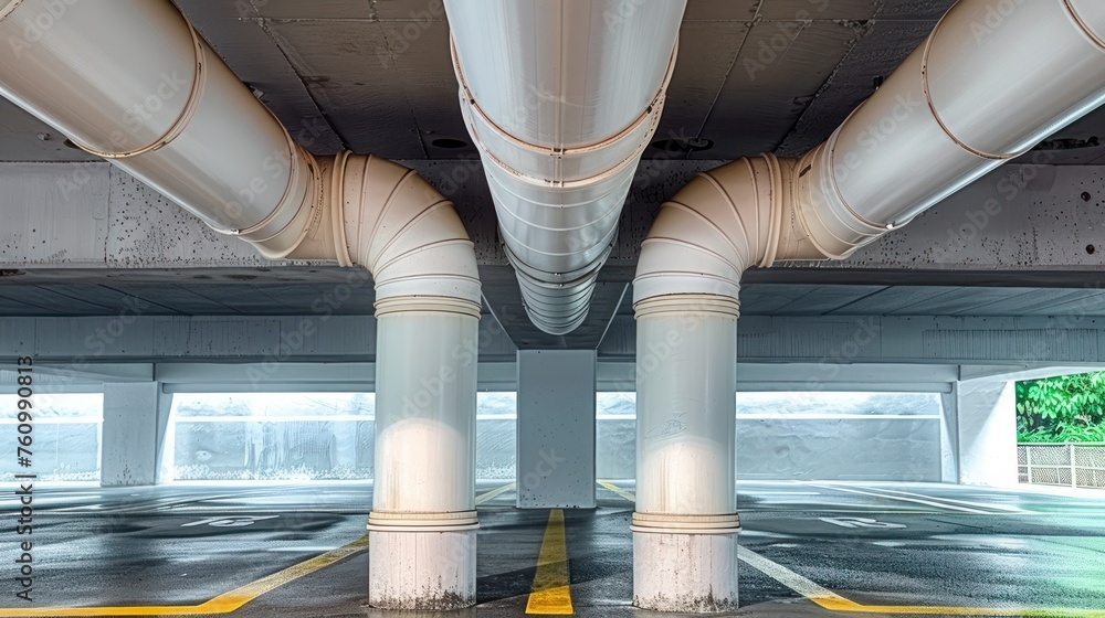 Views of drainage pipe near the concrete painted pillar from below ...