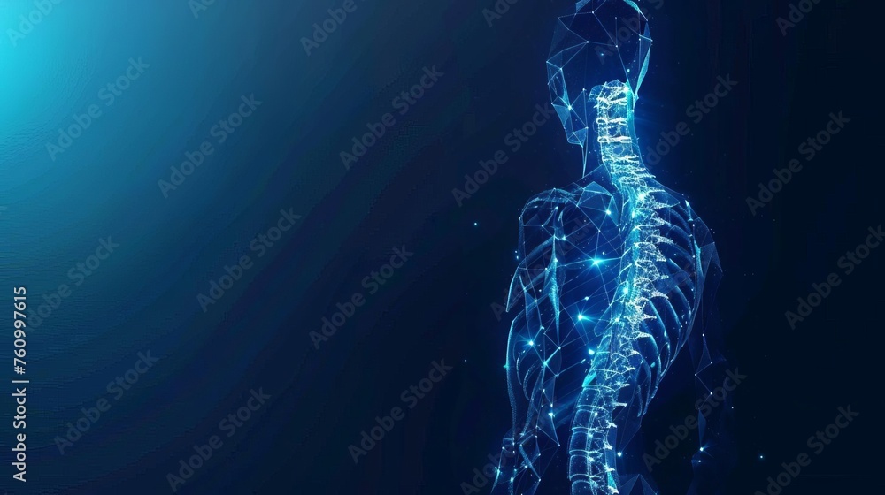 Anatomical wireframe template of a human spine, 3D polygon illustration ...