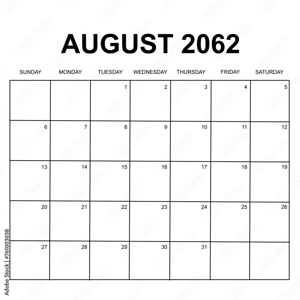 august 2062. monthly calendar design. week starts on sunday. printable ...
