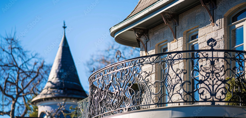 Foto de Detailed view of the silver wrought-iron balcony railing of a ...