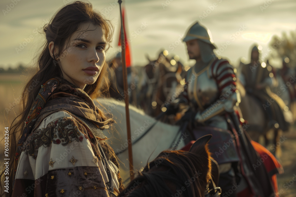 Medieval Female Knight on Horseback with Army of Knights in Historical ...