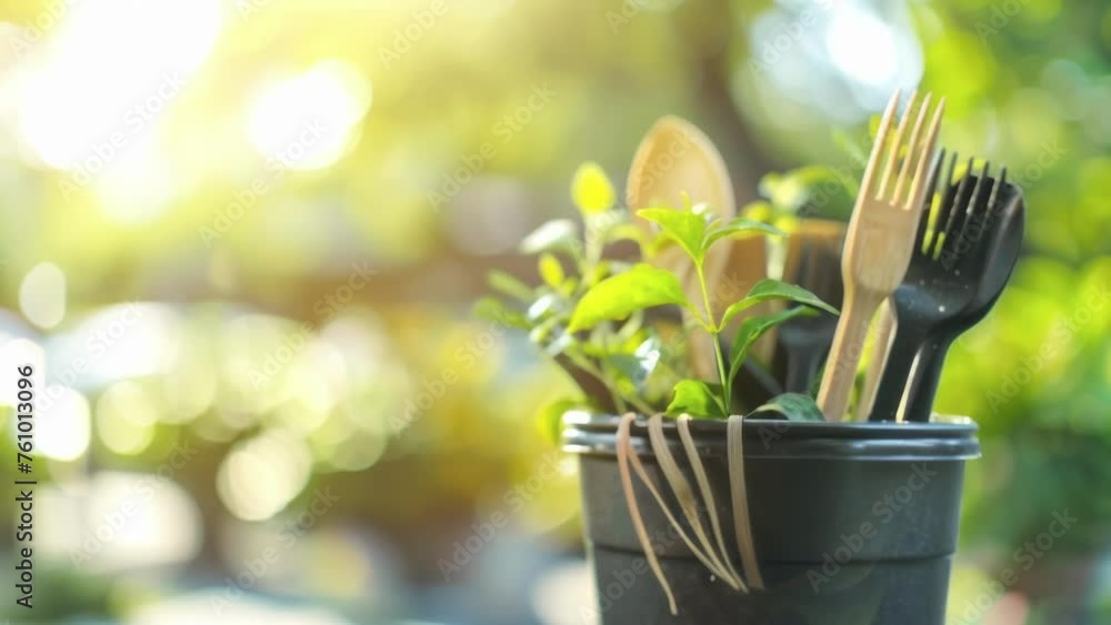 An image of a compost bin filled with biodegradable bioplastic utensils ...