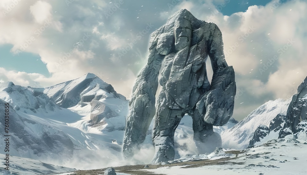Fantasy stone giant made of rock standing in front of snowy mountains ...