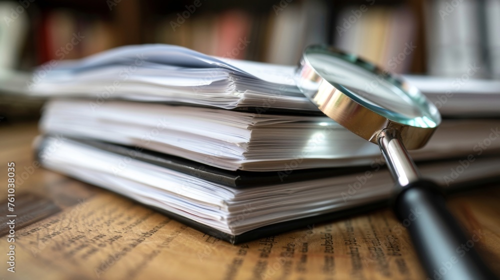 A stack of legal documents lies on a desk with a magnifying glass ...