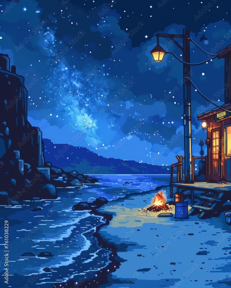 Pixel Art Scene of a Starry Night Sky Over a Beach with a Bonfire Stock ...