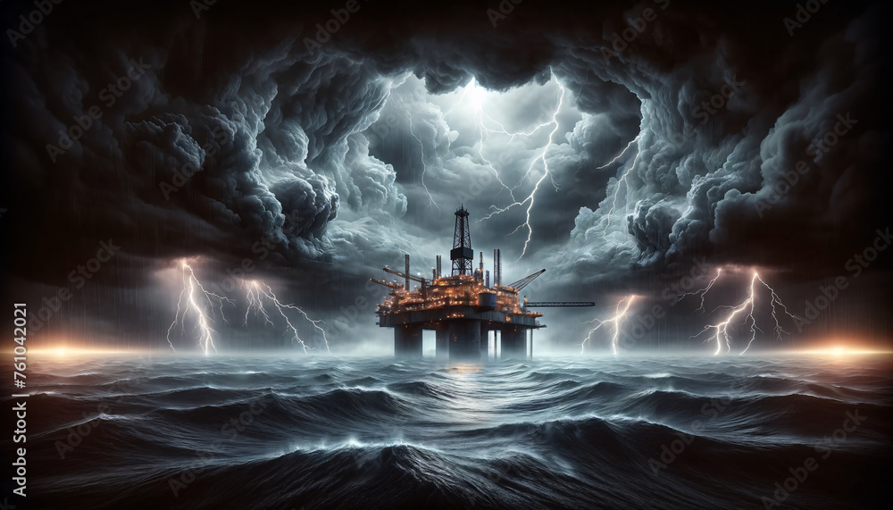 Dramatic image of an oil rig in a stormy sea under dark clouds and fierce lightning, with a ...