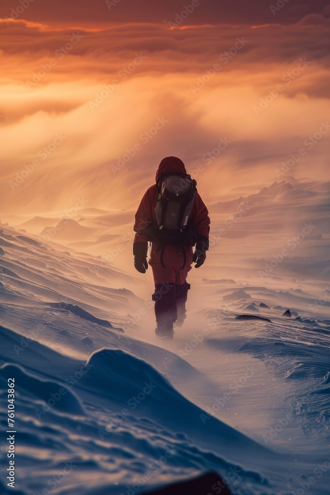 Polar explorer trekking across a frozen wasteland in Antarctica, facing ...