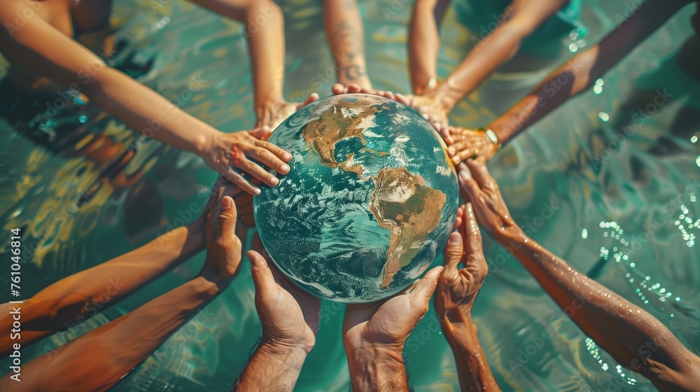 Group of people holding hands around a globe submerged in water ...