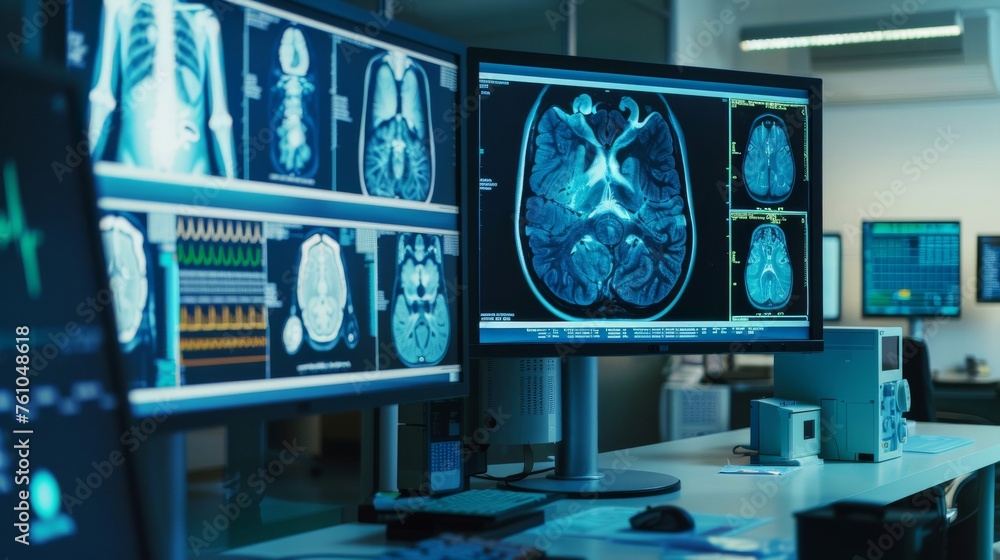 An advanced medical imaging workstation with monitors displaying ...
