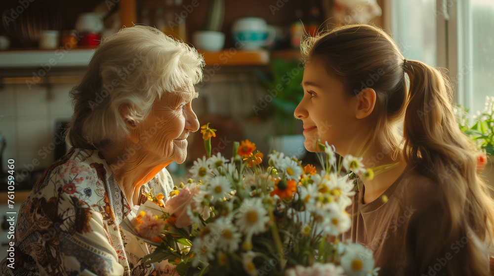 An older woman and a young girl share an intimate moment as they look ...