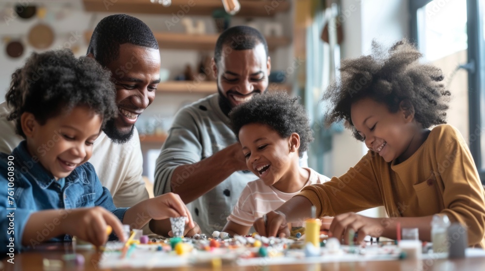 A group of parents and children gather around a table laughing and ...