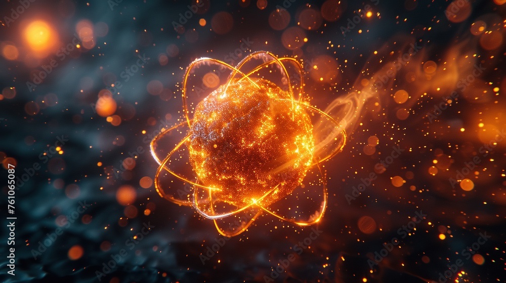 Concept of a close-up image of an atom model for nuclear energy. Sci-fi ...