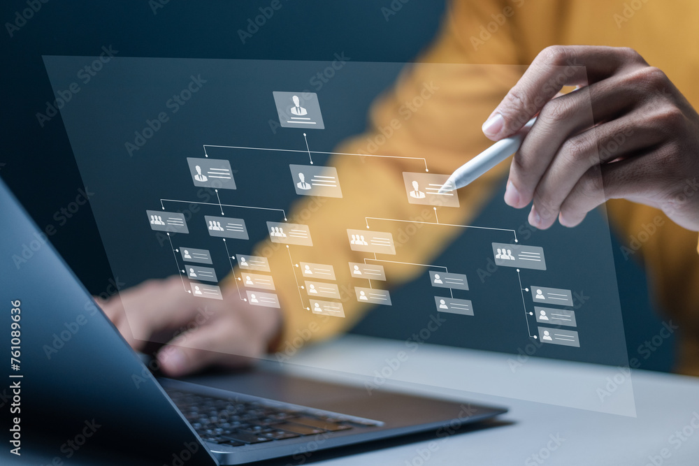 Business workflow process management concept. Workflow automation system with data diagram of ...