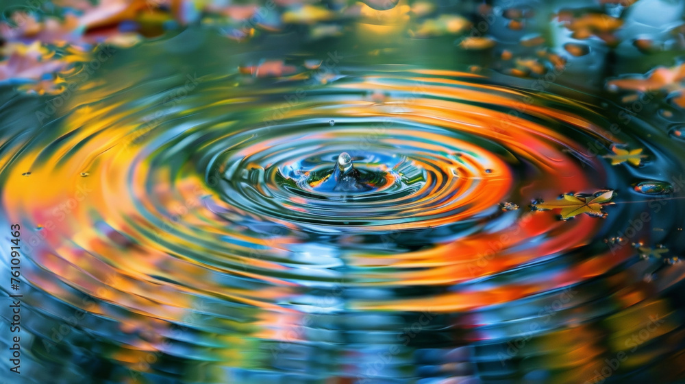 The surface of a puddle disturbed by ripples and droplets reflecting ...