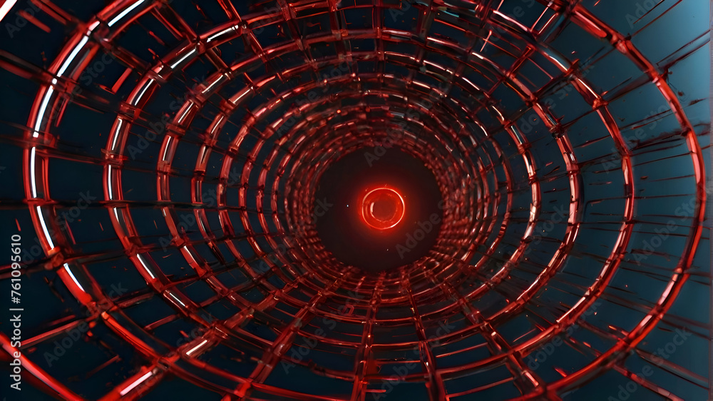 Abstract red grid tunnel or wormhole, futuristic 3d portal. Cosmic ...