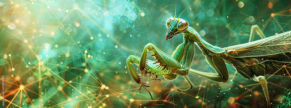Matrix mantis emerging from a chart of interconnected nodes and lines ...