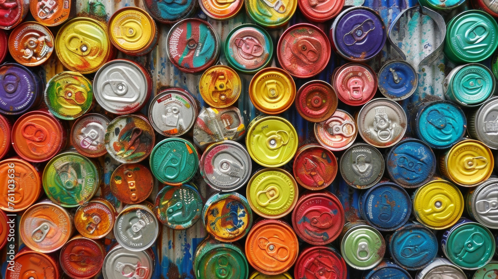 A detailed view of a recycled can painting with each can meticulously ...