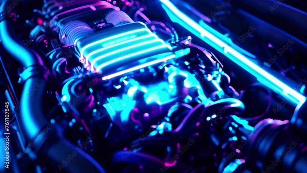 The neon lights reflecting off a sleek black intake manifold revealing ...