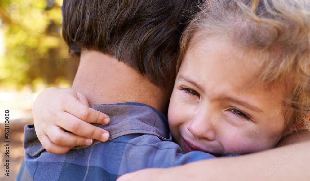 Hug, sad girl and father in a park, emotions and expression with ...